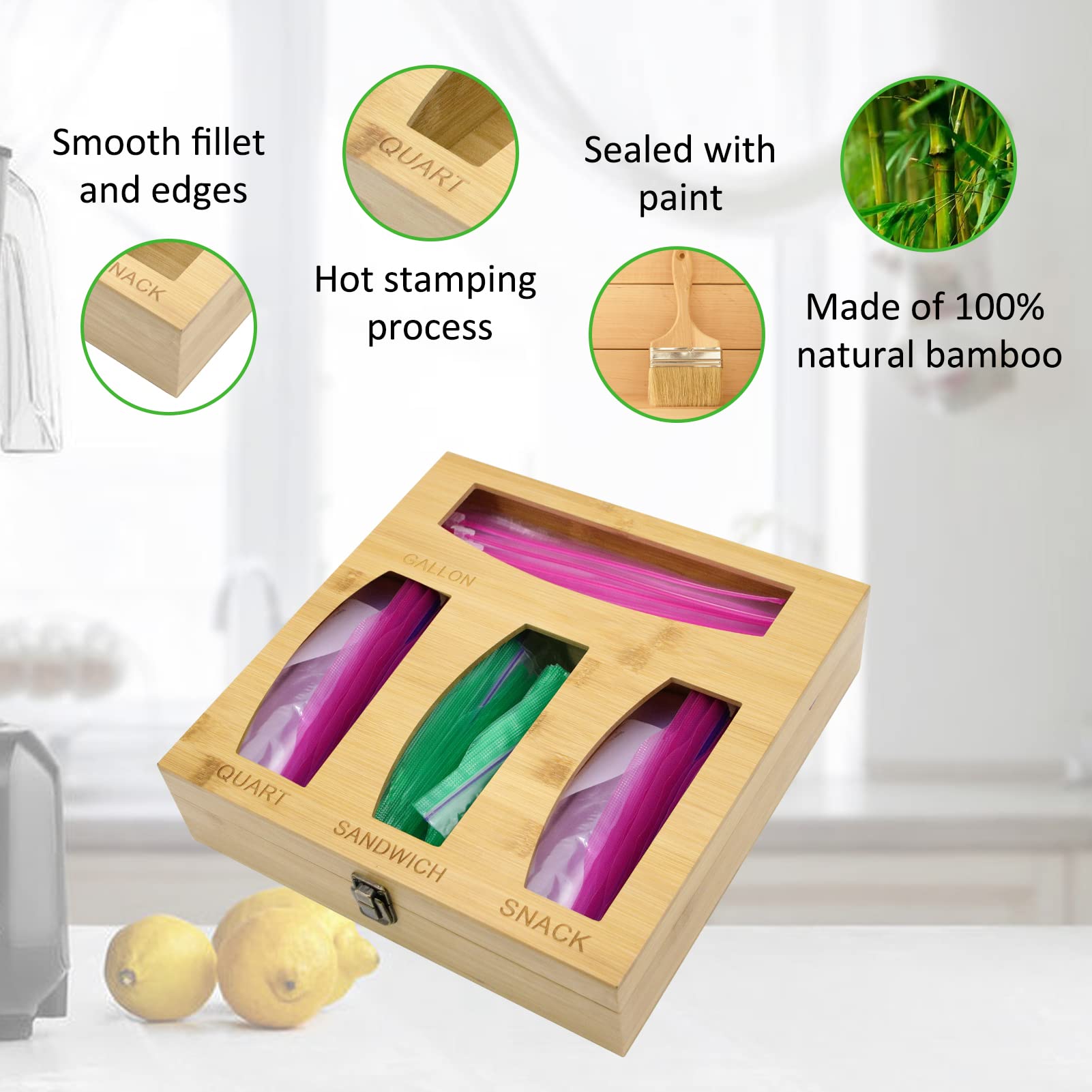 POBIDOBY Storage Bag Organizer Ziplock Bag Storage Baggie Organizer Dispenser for Kitchen Drawer with 4pcs Hooks, Bamboo Organizer Compatible with Gallon, Quart, Sandwich & Snack Variety Size Bags