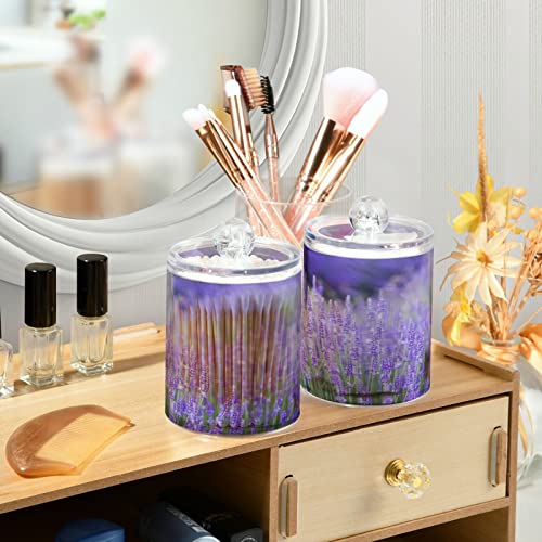 Kigai Purple Lavender Qtip Holder Dispenser with Lids 2 Pack ,Clear Plastic Apothecary Jar Containers for Vanity Makeup Organizer Storage - Bathroom Accessories Set for Cotton Swab, Ball, Pads, Floss