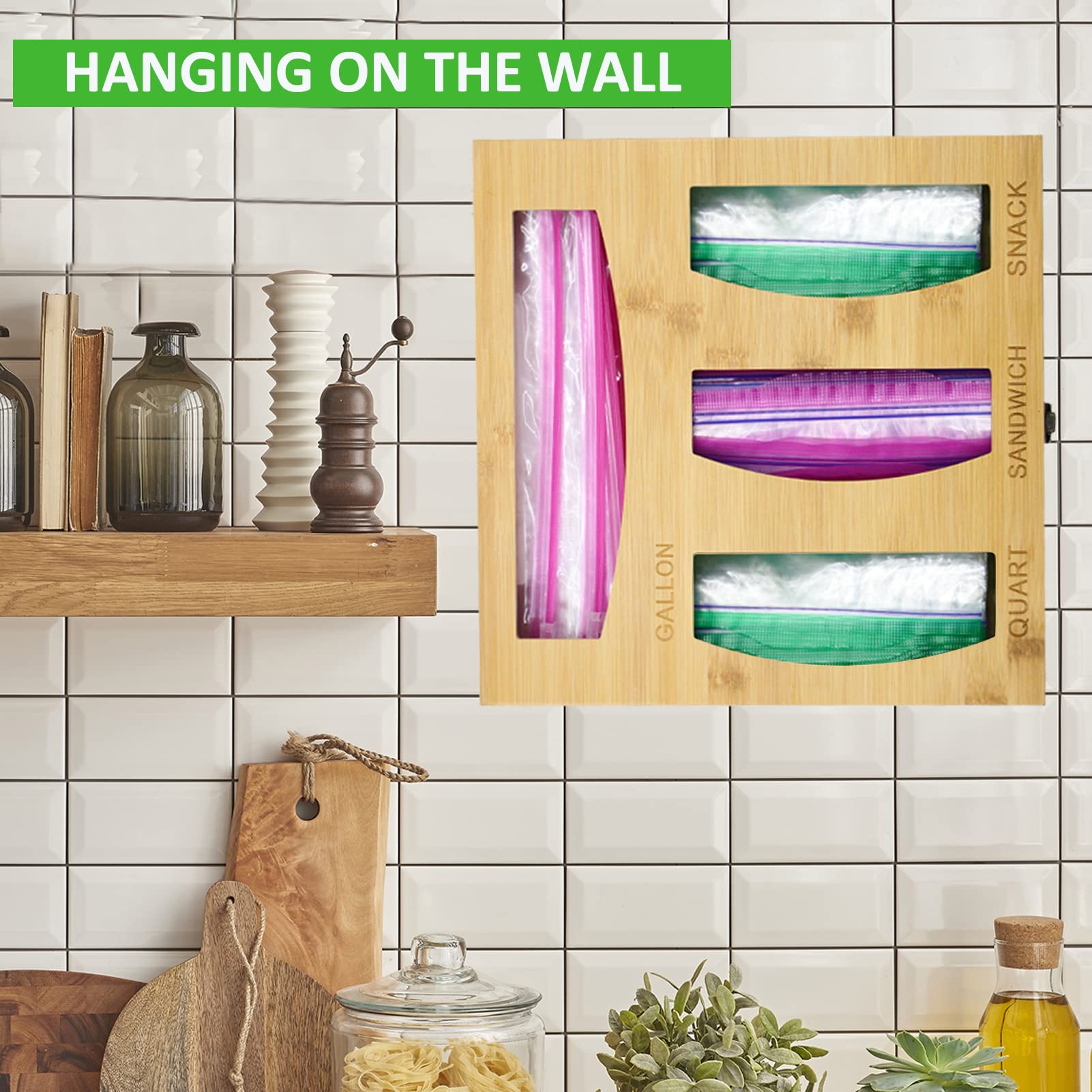 POBIDOBY Storage Bag Organizer Ziplock Bag Storage Baggie Organizer Dispenser for Kitchen Drawer with 4pcs Hooks, Bamboo Organizer Compatible with Gallon, Quart, Sandwich & Snack Variety Size Bags