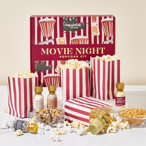 Thoughtfully Gourmet, Movie Night Popcorn Set, Includes Yellow and Mixed Popcorn Kernels, 10 Paper Popcorn Bags, 5 Popcorn Seasonings & Toppings