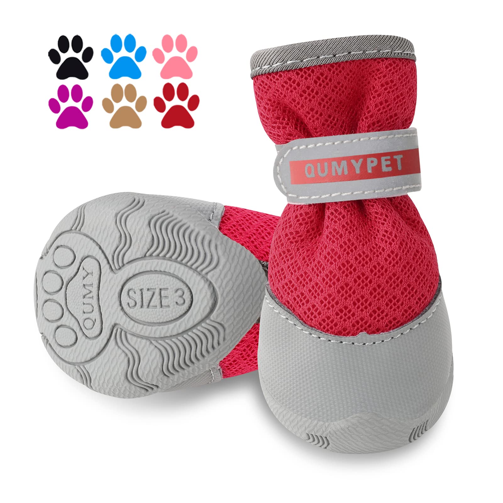 QUMY 2PCS Dog Shoes for Small Breed Dogs Hot Pavement Summer Puppy Dog Booties with Reflective Strip Soft Comfortable Skid-Resistant Rubber Sole Red Size 5