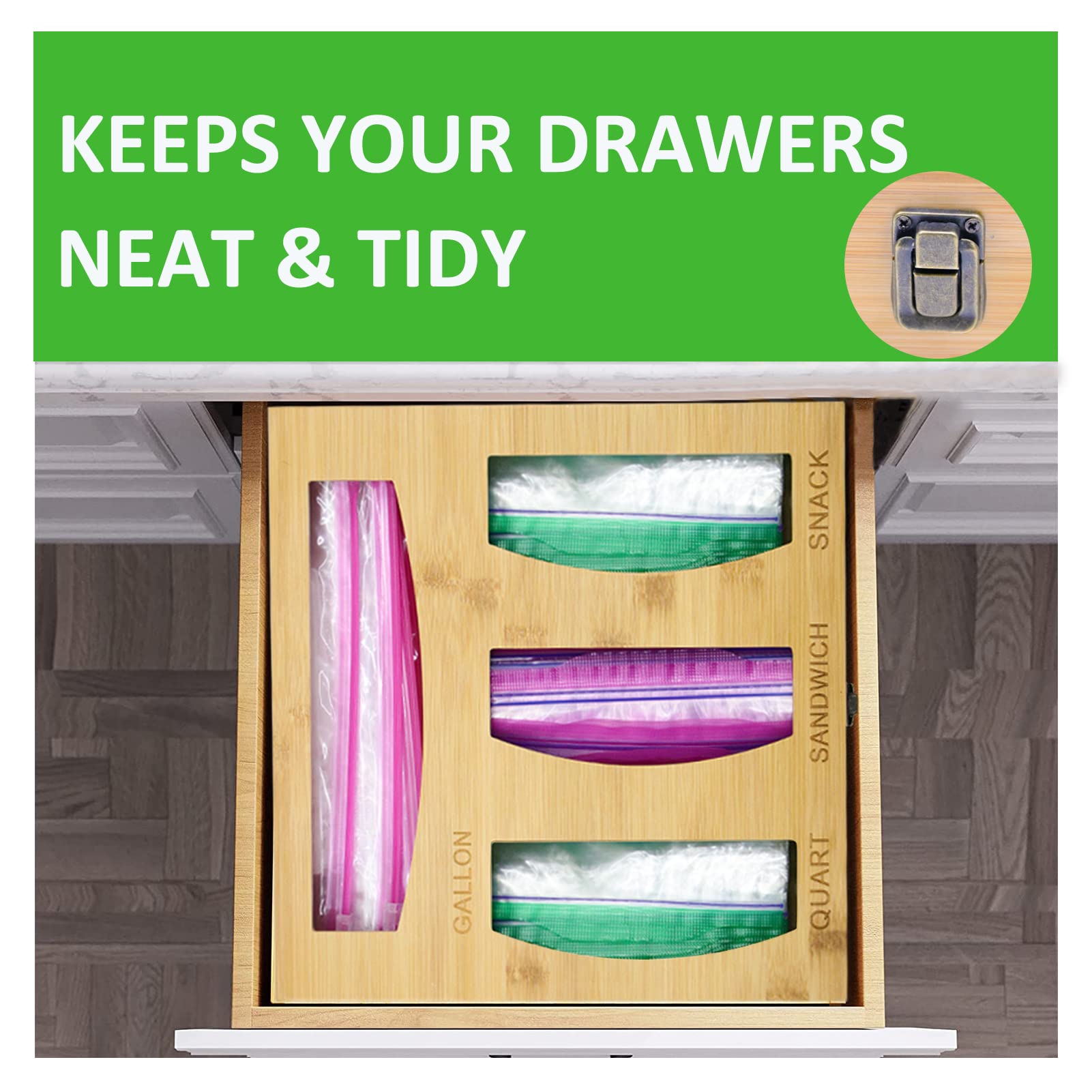 POBIDOBY Storage Bag Organizer Ziplock Bag Storage Baggie Organizer Dispenser for Kitchen Drawer with 4pcs Hooks, Bamboo Organizer Compatible with Gallon, Quart, Sandwich & Snack Variety Size Bags