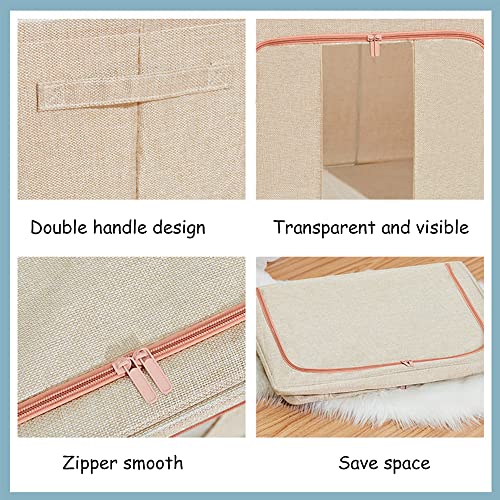 selfrieden Clothes Storage Bins, 66L [4 Pack ] Foldable Oxford Cloth Steel Frame Organizers Bag with Large Clear Window & Reinforced Handles Carry Handles for Clothing, Comforter, Blanket Storage Bedding (66L, Beige)