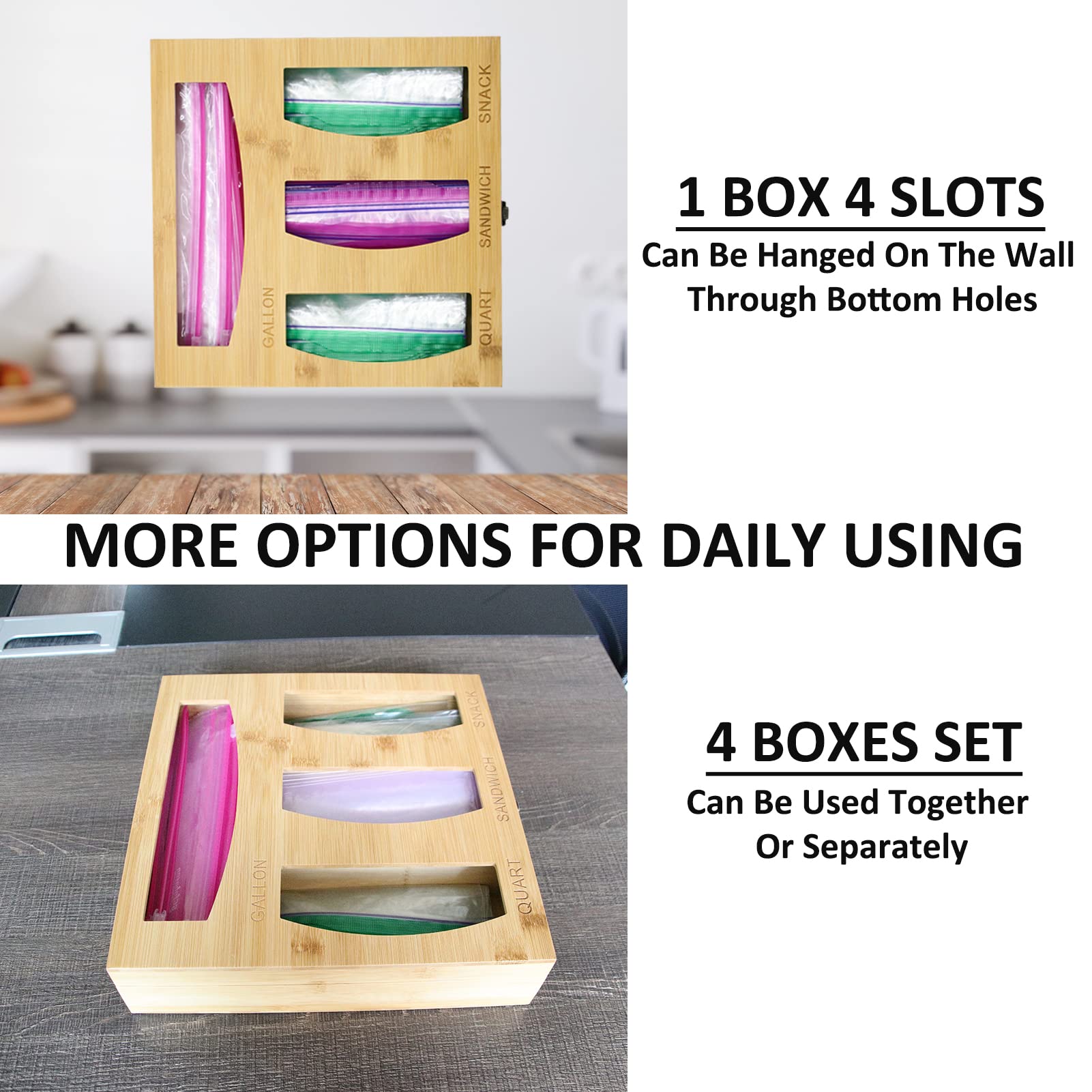 POBIDOBY Storage Bag Organizer Ziplock Bag Storage Baggie Organizer Dispenser for Kitchen Drawer with 4pcs Hooks, Bamboo Organizer Compatible with Gallon, Quart, Sandwich & Snack Variety Size Bags