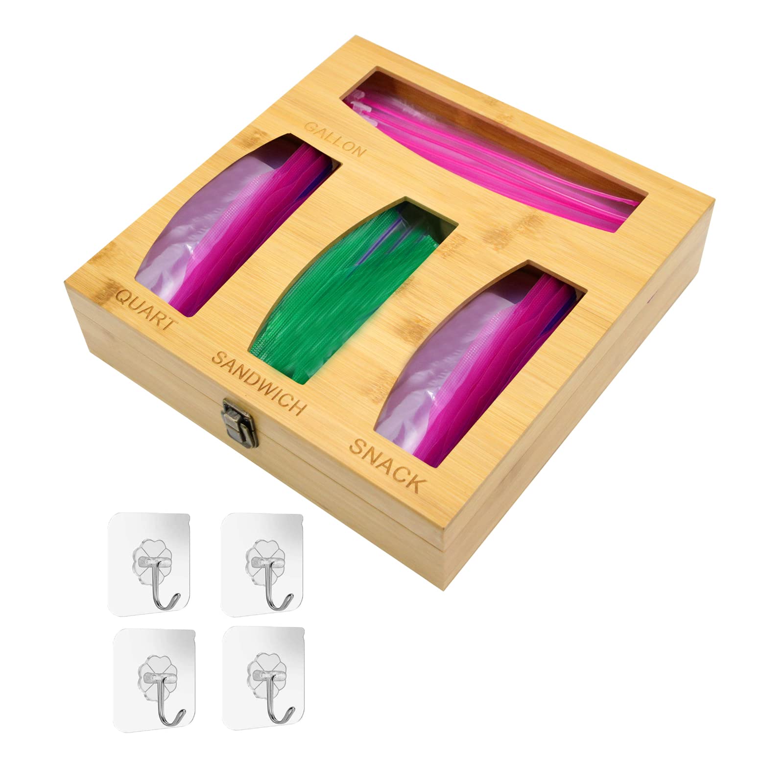 POBIDOBY Storage Bag Organizer Ziplock Bag Storage Baggie Organizer Dispenser for Kitchen Drawer with 4pcs Hooks, Bamboo Organizer Compatible with Gallon, Quart, Sandwich & Snack Variety Size Bags