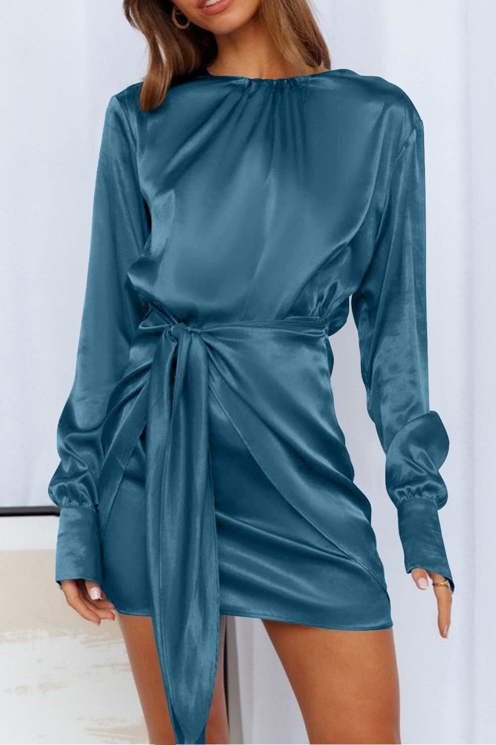 PRETTYGARDEN Women's Spring Satin Dress Long Sleeve Tie Waist Elegant Cocktail Party Mini Fall Dresses(Dark Blue,Medium)