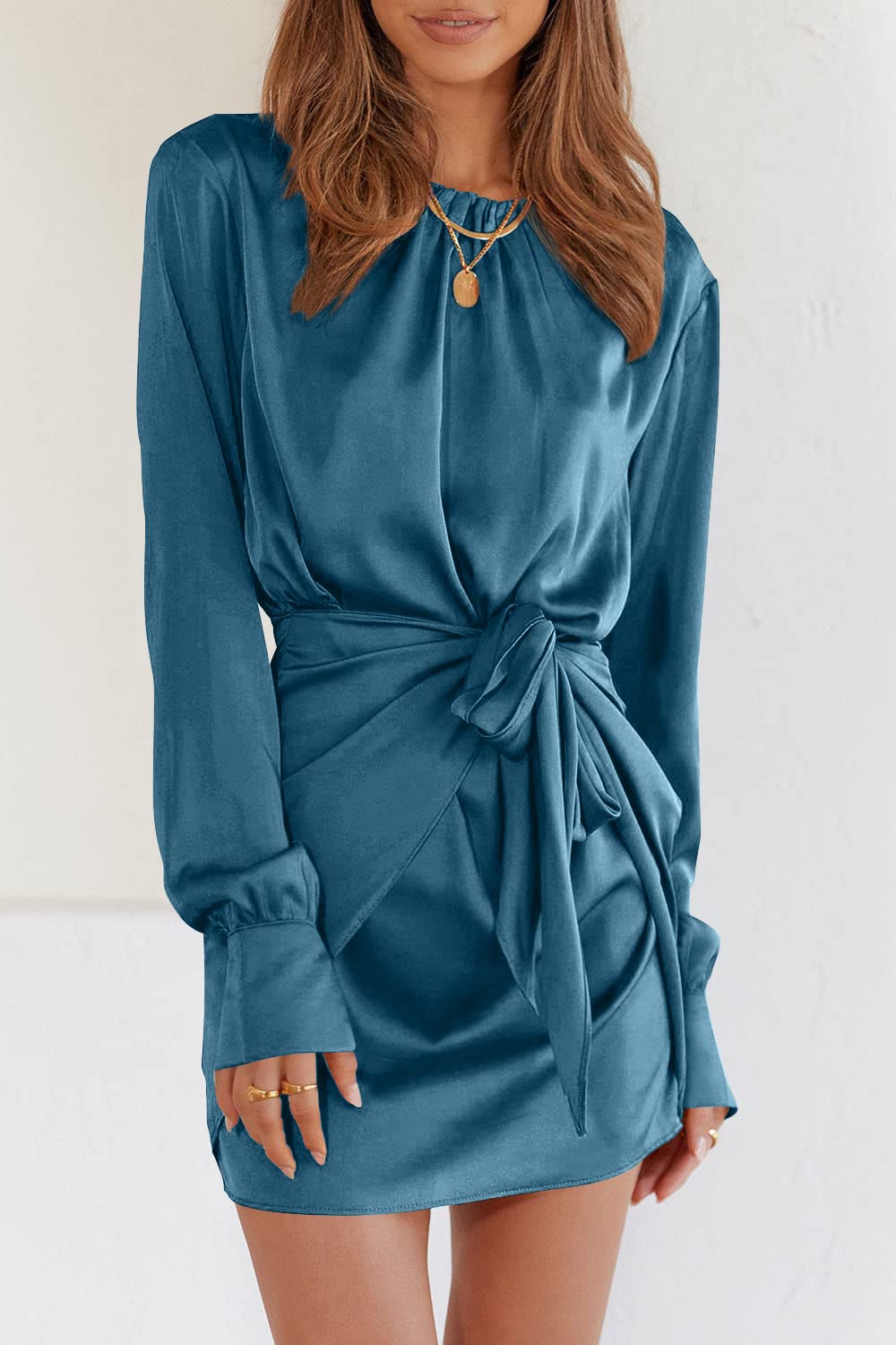 PRETTYGARDEN Women's Spring Satin Dress Long Sleeve Tie Waist Elegant Cocktail Party Mini Fall Dresses(Dark Blue,Medium)