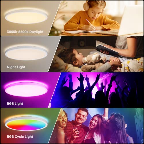 BLNAN RGB LED Flush Mount Ceiling Light, 12Inch 24W Dimmable 3000K-6500K Color Changing Light Fixture with Remote Control, Round Ultra Thin Low Profile Hardwired Lamp for Bedroom Kid Room Party