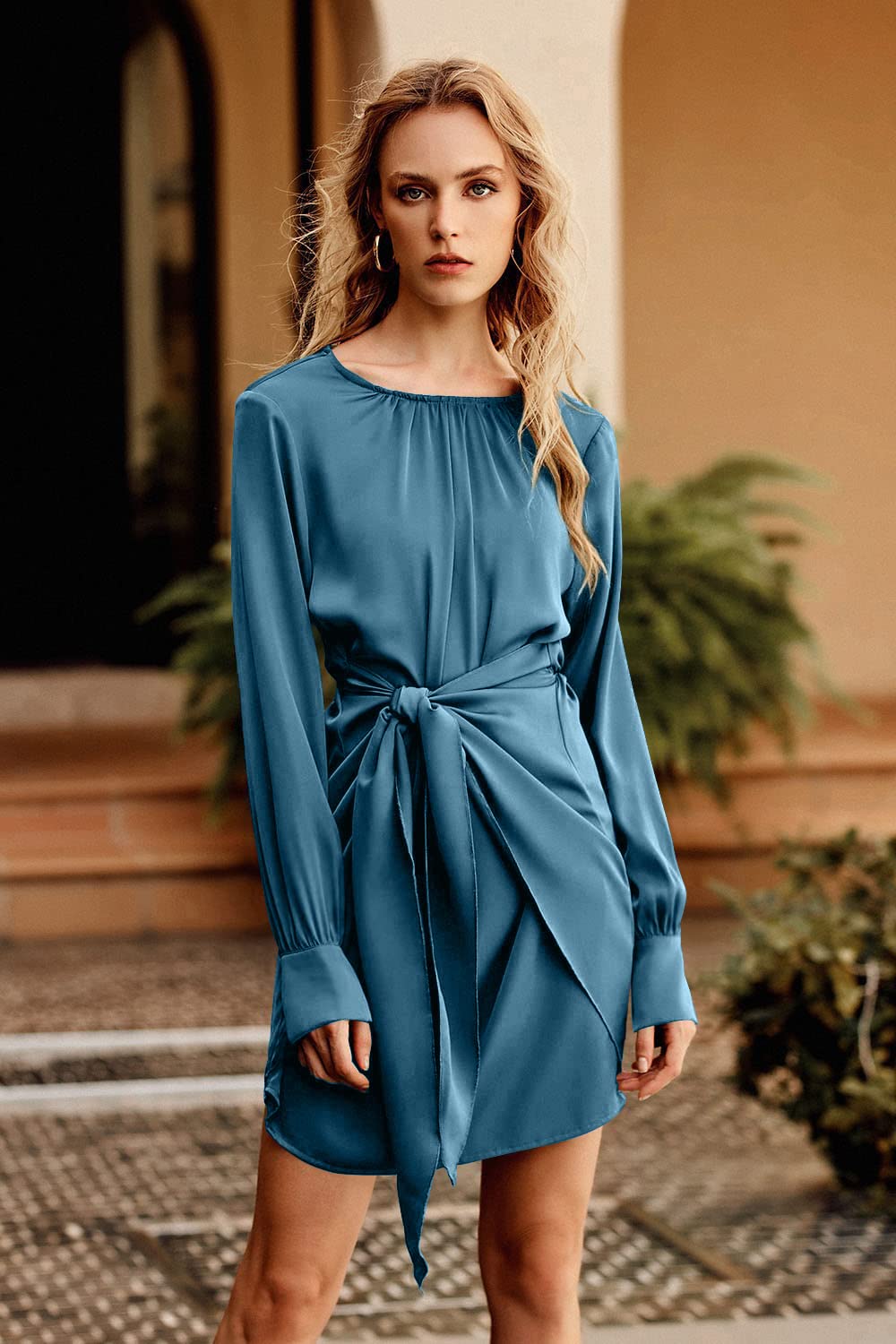PRETTYGARDEN Women's Spring Satin Dress Long Sleeve Tie Waist Elegant Cocktail Party Mini Fall Dresses(Dark Blue,Medium)