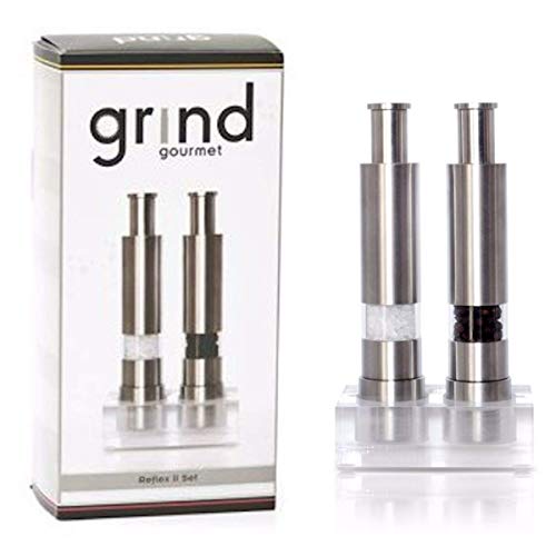 Grind Gourmet Salt and Pepper Grinder Set, Original Pump & Grind Peppermill are Refillable, Modern Thumb Press Grinder, Comes with Black Pepper, Sea Salt and Stand, Works With Himalayan Salts