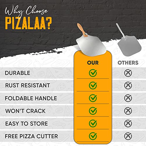 PIZALAA Pizza Peel 12 Inch with Pizza cutter - Aluminium Metal Pizza Paddle with Foldable Wooden Handle for Easy Storage, Pizza Cutter Rocker, Pizza Server, Pizza Oven Accessories, Homemade Pizza