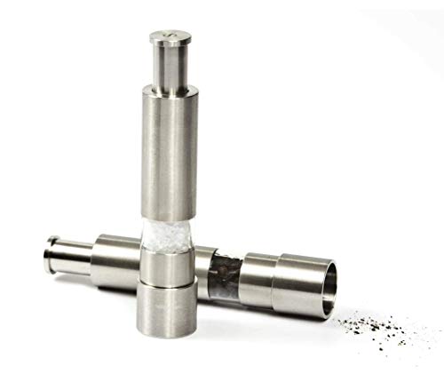 Grind Gourmet Salt and Pepper Grinder Set, Original Pump & Grind Peppermill are Refillable, Modern Thumb Press Grinder, Comes with Black Pepper, Sea Salt and Stand, Works With Himalayan Salts