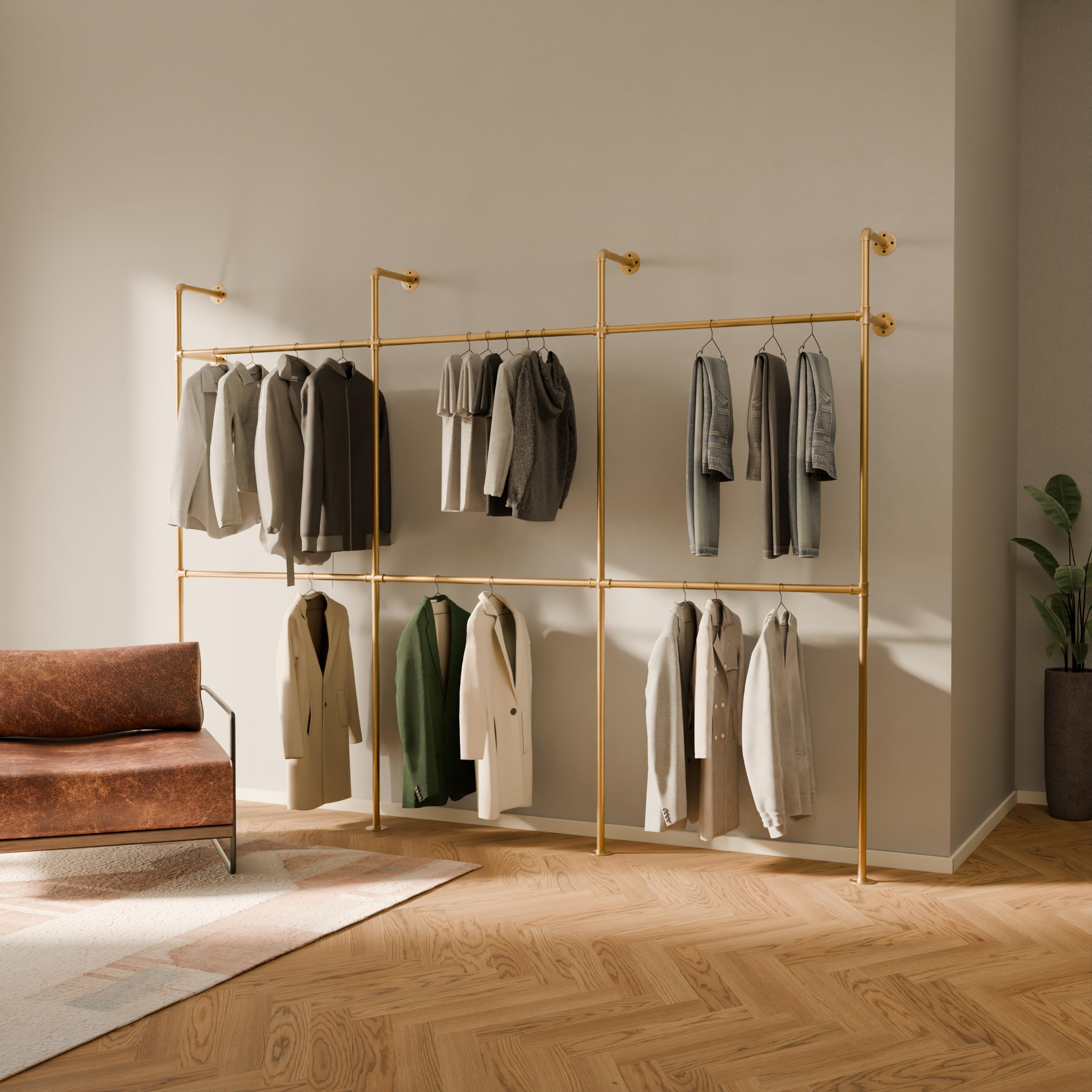 pamo Industrial pipe clothing rack metal gold - Wall mounted clothes racks for hanging clothes - Modern walk in closet - KIM III DOUBLE gold