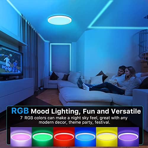 BLNAN RGB LED Flush Mount Ceiling Light, 12Inch 24W Dimmable 3000K-6500K Color Changing Light Fixture with Remote Control, Round Ultra Thin Low Profile Hardwired Lamp for Bedroom Kid Room Party