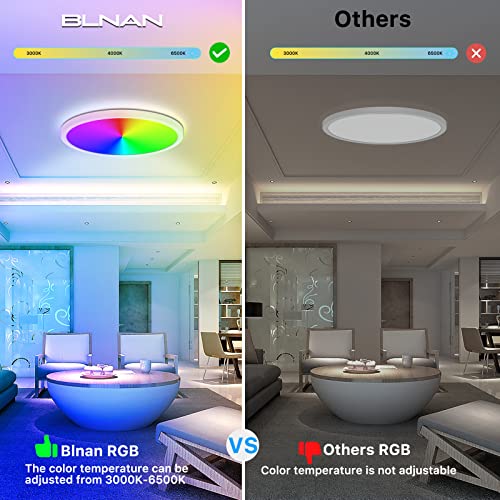 BLNAN RGB LED Flush Mount Ceiling Light, 12Inch 24W Dimmable 3000K-6500K Color Changing Light Fixture with Remote Control, Round Ultra Thin Low Profile Hardwired Lamp for Bedroom Kid Room Party