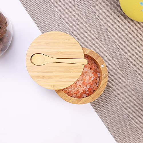 Bamboo Salt Cellar with Mini Spoon by HTB, Kitchen Salt Box with Swivel Magnetic Closure Lid, Round Salt Container to Storage Pepper Spice Bath Salt Sea Salt