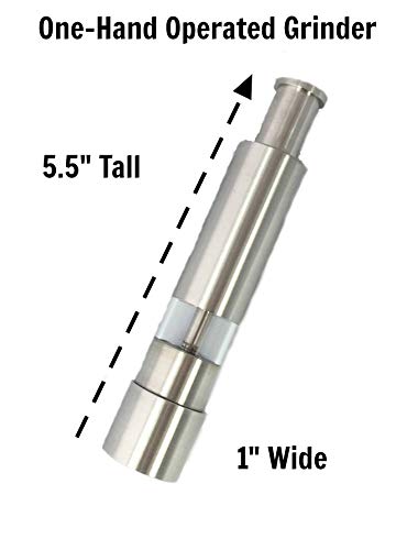 Grind Gourmet Salt and Pepper Grinder Set, Original Pump & Grind Peppermill are Refillable, Modern Thumb Press Grinder, Comes with Black Pepper, Sea Salt and Stand, Works With Himalayan Salts