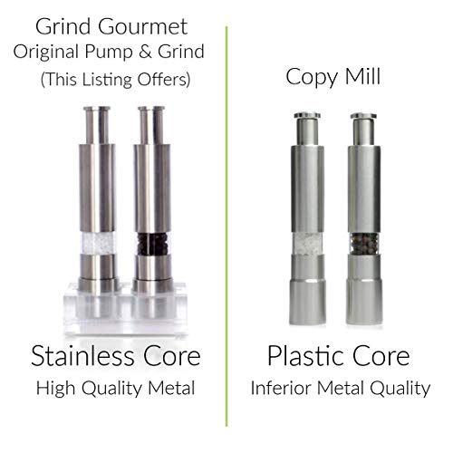 Grind Gourmet Salt and Pepper Grinder Set, Original Pump & Grind Peppermill are Refillable, Modern Thumb Press Grinder, Comes with Black Pepper, Sea Salt and Stand, Works With Himalayan Salts