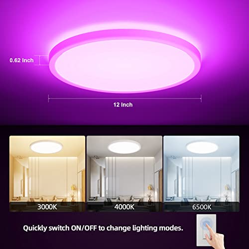 BLNAN RGB LED Flush Mount Ceiling Light, 12Inch 24W Dimmable 3000K-6500K Color Changing Light Fixture with Remote Control, Round Ultra Thin Low Profile Hardwired Lamp for Bedroom Kid Room Party