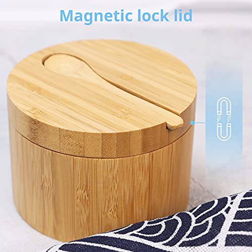 Bamboo Salt Cellar with Mini Spoon by HTB, Kitchen Salt Box with Swivel Magnetic Closure Lid, Round Salt Container to Storage Pepper Spice Bath Salt Sea Salt