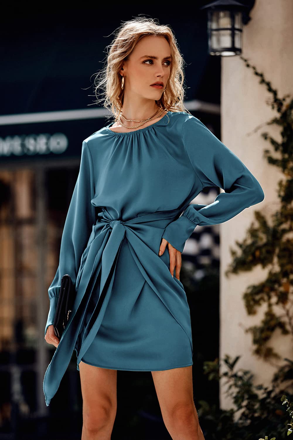 PRETTYGARDEN Women's Spring Satin Dress Long Sleeve Tie Waist Elegant Cocktail Party Mini Fall Dresses(Dark Blue,Medium)