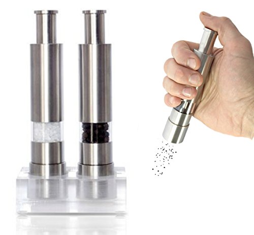 Grind Gourmet Salt and Pepper Grinder Set, Original Pump & Grind Peppermill are Refillable, Modern Thumb Press Grinder, Comes with Black Pepper, Sea Salt and Stand, Works With Himalayan Salts