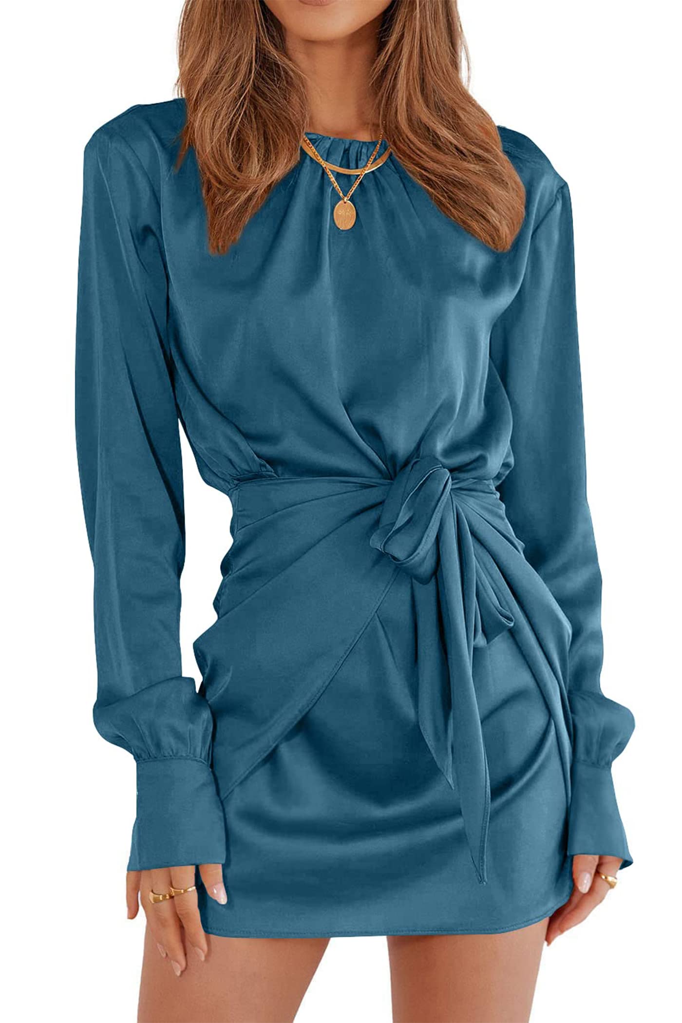 PRETTYGARDEN Women's Spring Satin Dress Long Sleeve Tie Waist Elegant Cocktail Party Mini Fall Dresses(Dark Blue,Medium)