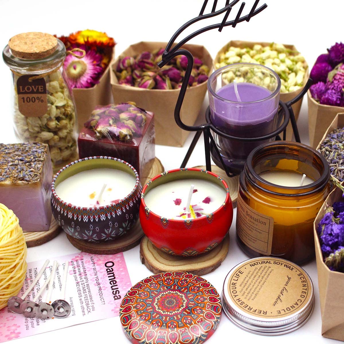 9 Bags Set Dried Flowers - Candle Making Soap Making DIY Candel Natural Flowers-Lemon,Lily,Don't Forget Me,Lavender,Mint Leaf,Rose Petal, Red Rose,Globe Amaranth,Chrysanthemum.
