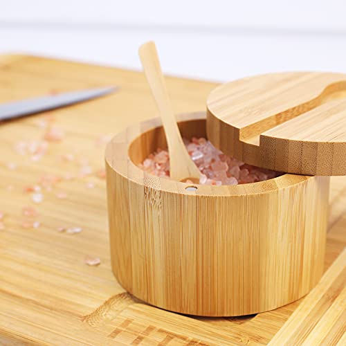 Bamboo Salt Cellar with Mini Spoon by HTB, Kitchen Salt Box with Swivel Magnetic Closure Lid, Round Salt Container to Storage Pepper Spice Bath Salt Sea Salt