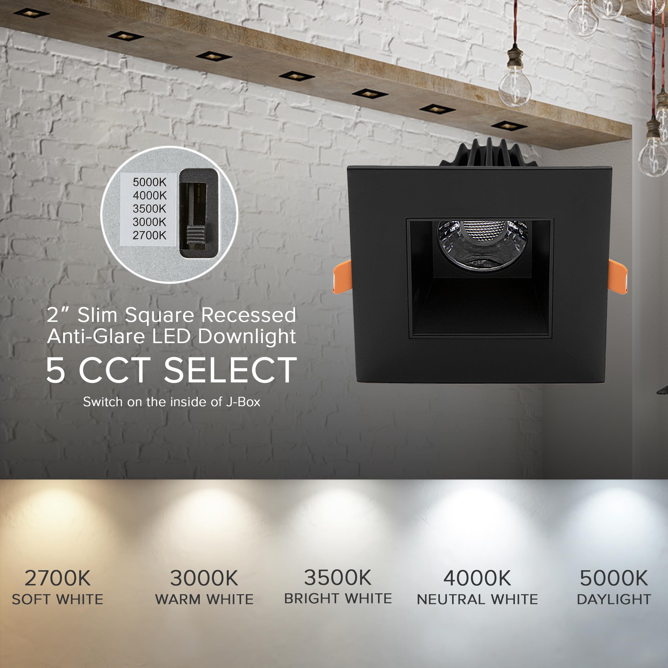 Maxxima 2 in. Ultra-Thin Square Recessed Anti-Glare LED Downlight, Canless IC Rated, 450 Lumens, 5 Color Temperature Selectable 2700K/3000K/3500K/4000K/5000K, Dimmable, Black Trim, 90 CRI, J-Box Incl