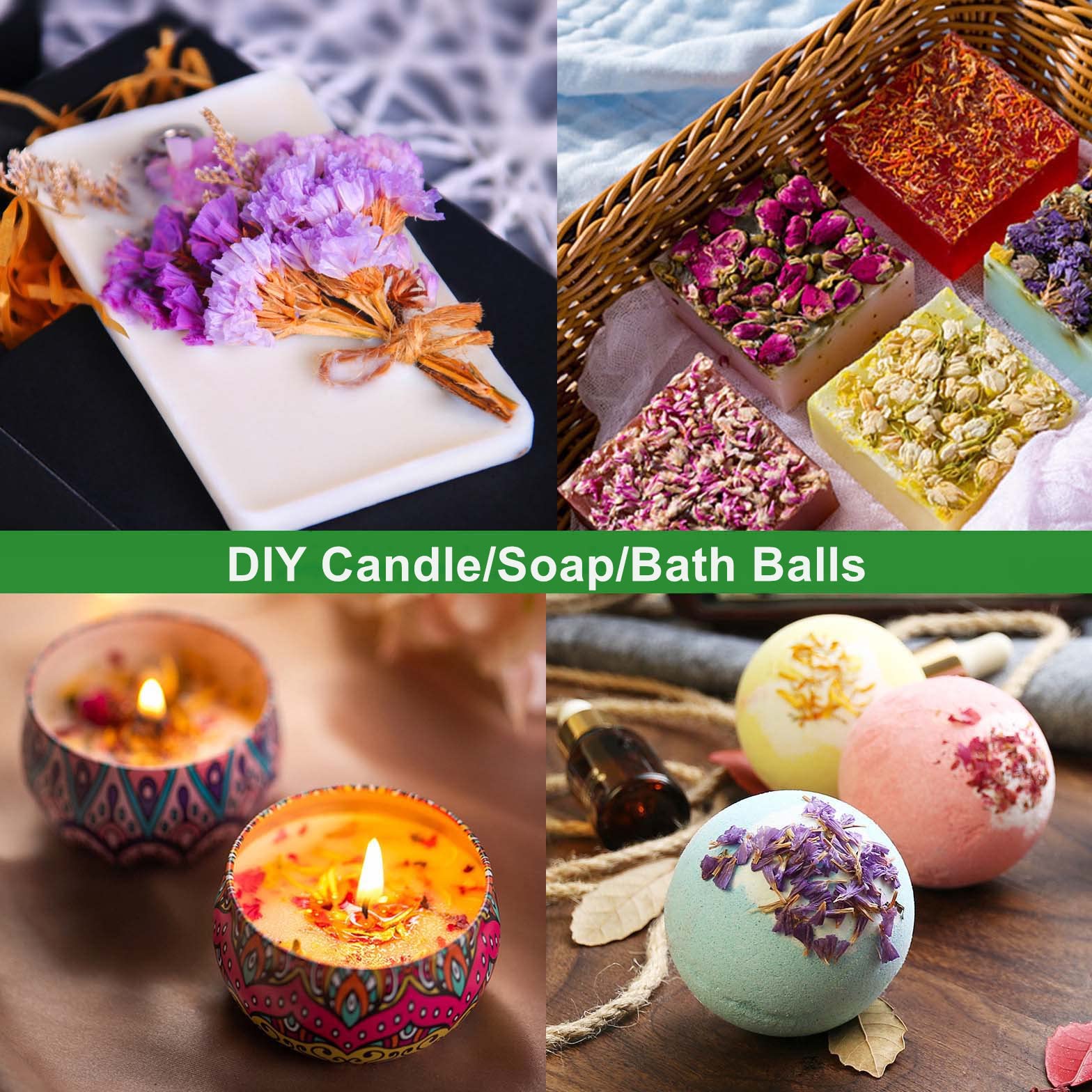 9 Bags Set Dried Flowers - Candle Making Soap Making DIY Candel Natural Flowers-Lemon,Lily,Don't Forget Me,Lavender,Mint Leaf,Rose Petal, Red Rose,Globe Amaranth,Chrysanthemum.