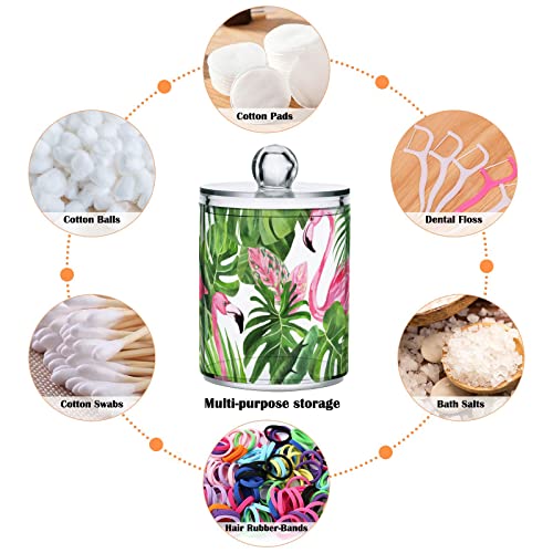 2 Pack Qtip Holder Dispenser for Cotton Ball Tropical Leaves Flamingo on White Cotton Swab Cotton Round Pads Clear Plastic Acrylic Jar Set Bathroom Canister