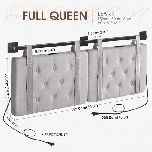 GREENSTELL Wall Mount Headboard with USB for Queen/Full Size Bed, Linen Fabric Headboard Only, Industrial Pipe Modern Style, Gray Hanging Head Boards, Comfortable, Button Upholstered for Bedroom