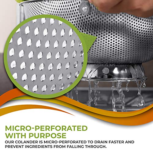 LiveFresh Stainless Steel Micro-Perforated 5-Quart Colander - Professional Strainer with Heavy Duty Handles and Self-draining Solid Ring Base - Dishwasher Safe