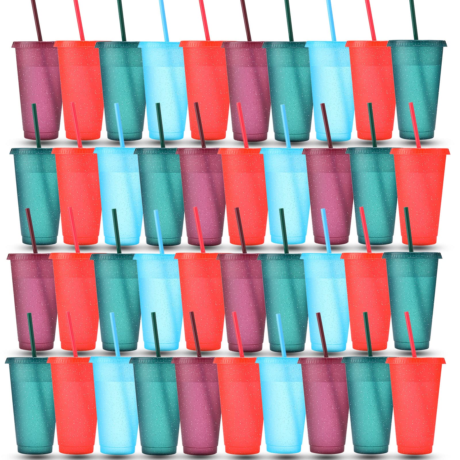 24 oz Cups with Lids and Straws Plastic Tumbler with Straw and Lid Glitter Tumbler Iced Coffee Cup Reusable Travel Mug Water Bottle for Smoothie Party Birthday(Cute Color,40 Pack)