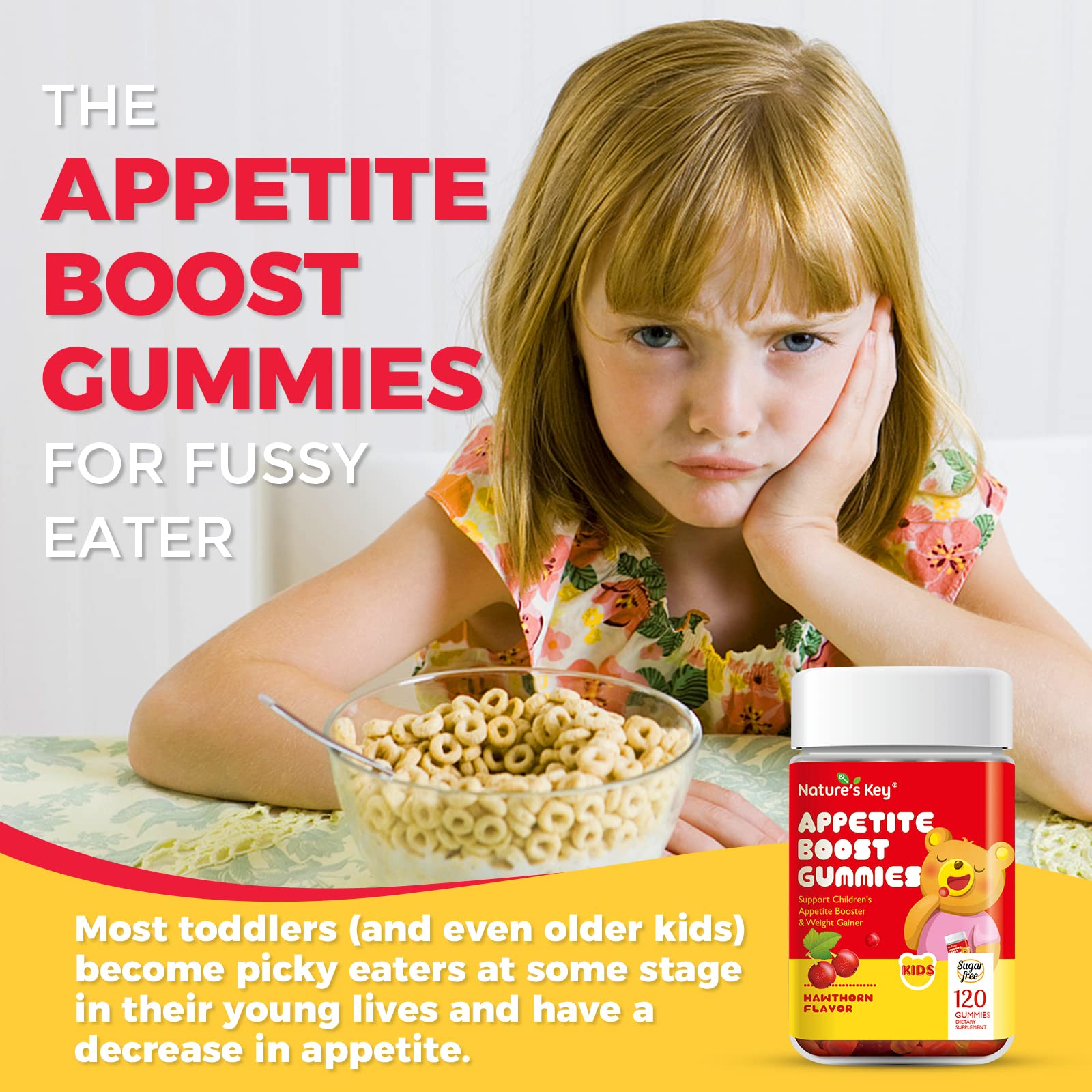 Nature's Key Appetite Booster Gummies - for Kids to Eat More, Support Appetite Stimulant and Weight Gainer -Hawthorn Flavor (120 Count, Pack of 1)