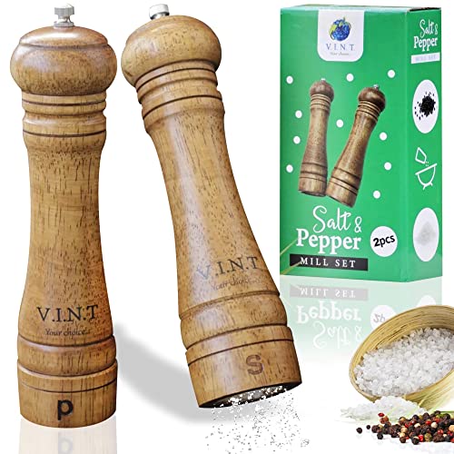 Wooden Salt and Pepper Grinder Set - Adjustable Ceramic Rotor - Refillable Salt and Pepper Mill Set - Pack of 2 – 8 inch - Heat Resistant- Food grade- Eco-friendly, Brown