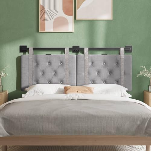 GREENSTELL Wall Mount Headboard with USB for Queen/Full Size Bed, Linen Fabric Headboard Only, Industrial Pipe Modern Style, Gray Hanging Head Boards, Comfortable, Button Upholstered for Bedroom