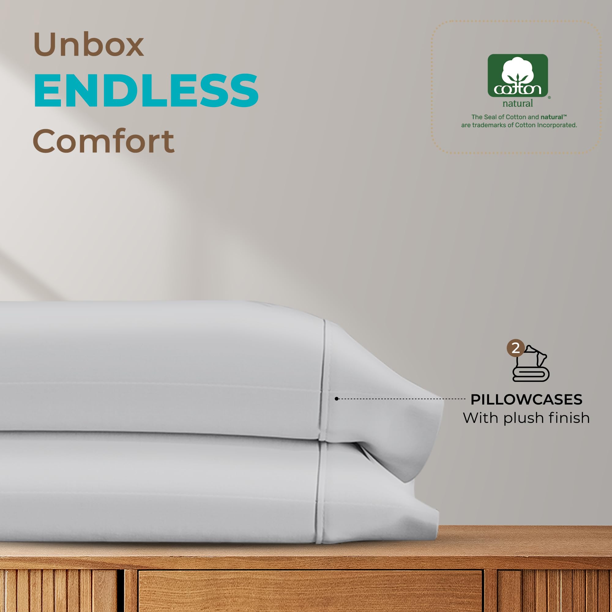 THREAD SPREAD 100% Egyptian Cotton Pillow Cases - 800 Thread Count Pillow Cases Queen/Standard Size Set of 2, Soft & Breathable Extra Long Staple Sateen Weave Cotton Pillow Covers for Bed - Silver
