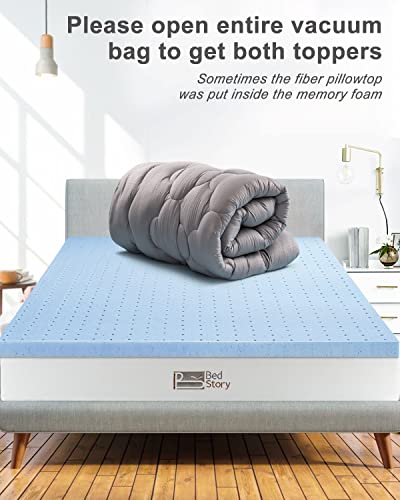 BedStory Mattress Topper Queen Size, Dual-Layer Pillow Top & Gel Memory Foam Bed Toppers 3.6 Inch, 2-in-1 Combination of Comfort and Support, Gray