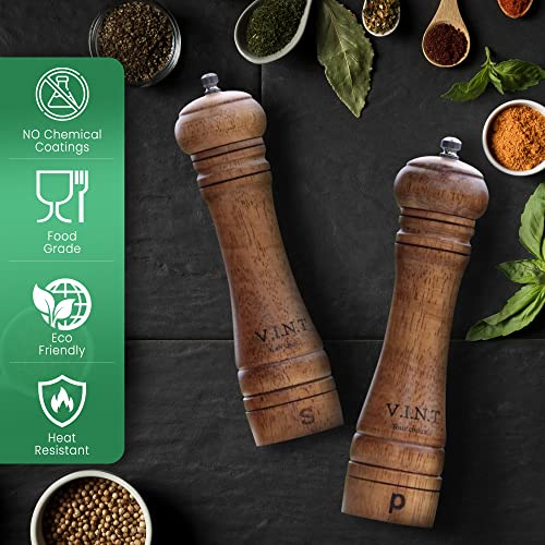 Wooden Salt and Pepper Grinder Set - Adjustable Ceramic Rotor - Refillable Salt and Pepper Mill Set - Pack of 2 โ 8 inch - Heat Resistant- Food grade- Eco-friendly, Brown