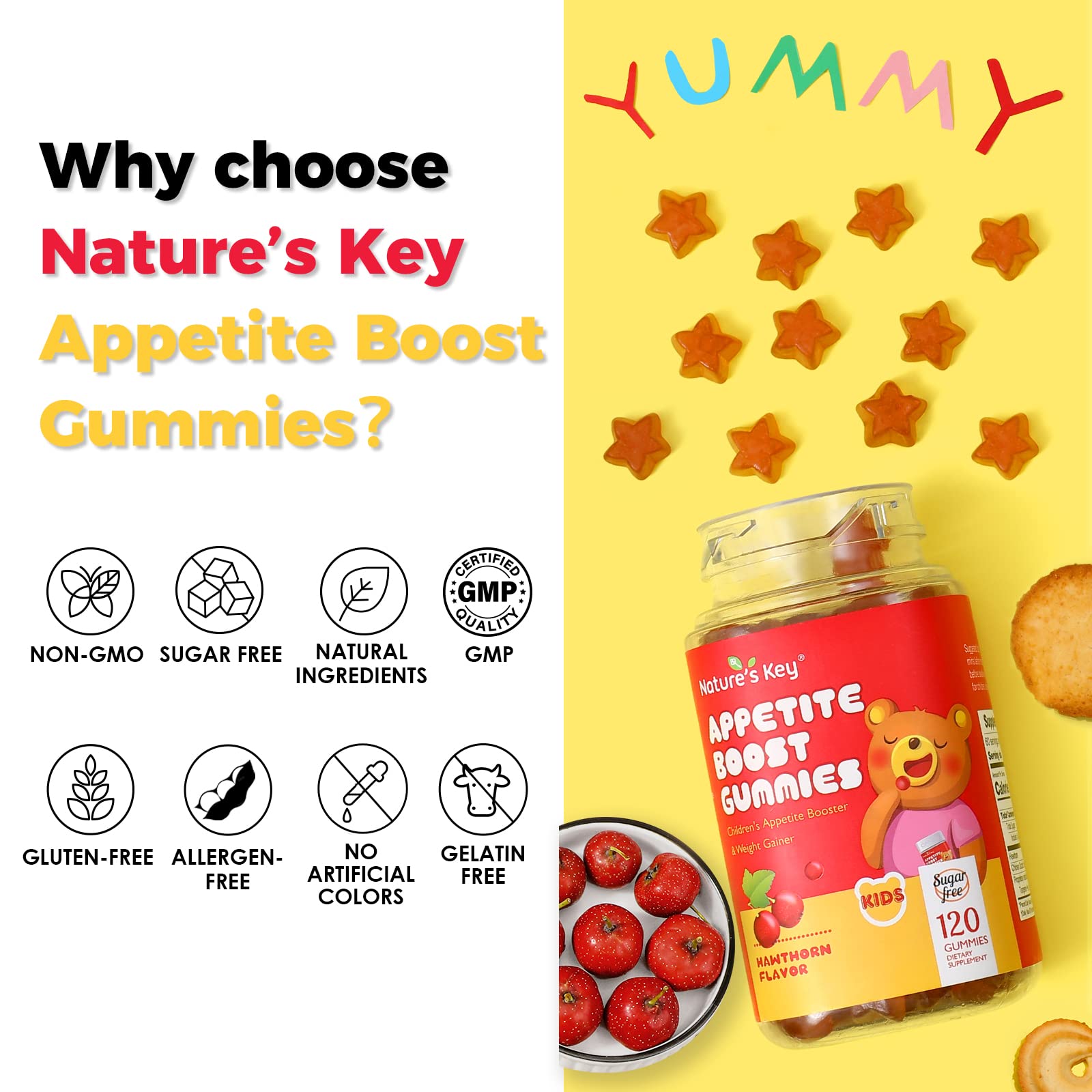 Nature's Key Appetite Booster Gummies - for Kids to Eat More, Support Appetite Stimulant and Weight Gainer -Hawthorn Flavor (120 Count, Pack of 1)