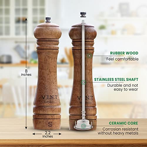 Wooden Salt and Pepper Grinder Set - Adjustable Ceramic Rotor - Refillable Salt and Pepper Mill Set - Pack of 2 โ 8 inch - Heat Resistant- Food grade- Eco-friendly, Brown