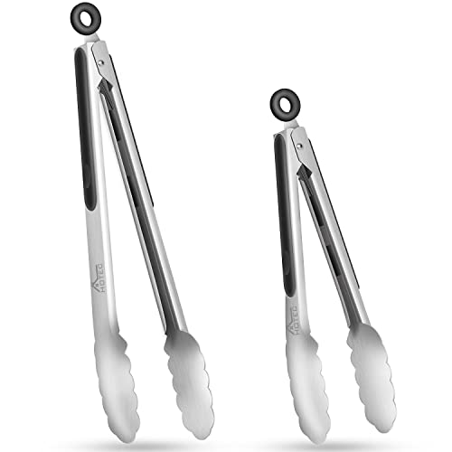 Hotec Stainless Steel Kitchen Tongs Set of 2 - 9" and 12", Locking Metal Food Tongs Non-Slip Grip