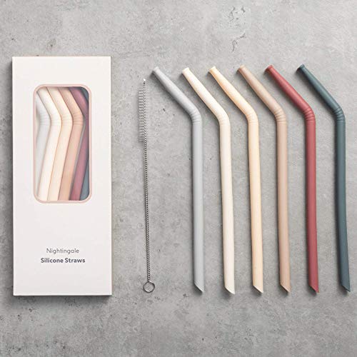 Silicone Straw - Flexible & Reusable Drinking Straws with Cleaning Brush for Toddlers & Kids - With Bendable Tips – Soft, Food-Safe Material, No BPA - Dishwasher Safe - Set of 6 - Oak