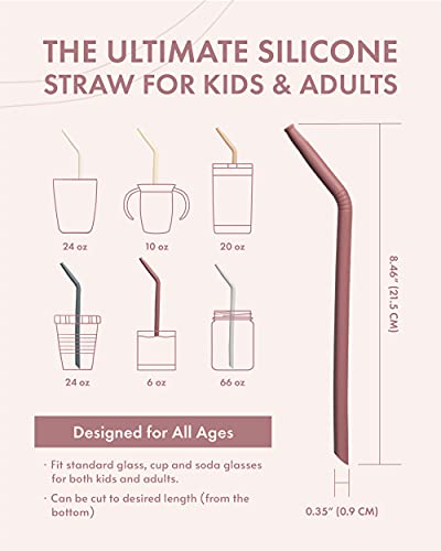 Silicone Straw - Flexible & Reusable Drinking Straws with Cleaning Brush for Toddlers & Kids - With Bendable Tips – Soft, Food-Safe Material, No BPA - Dishwasher Safe - Set of 6 - Oak