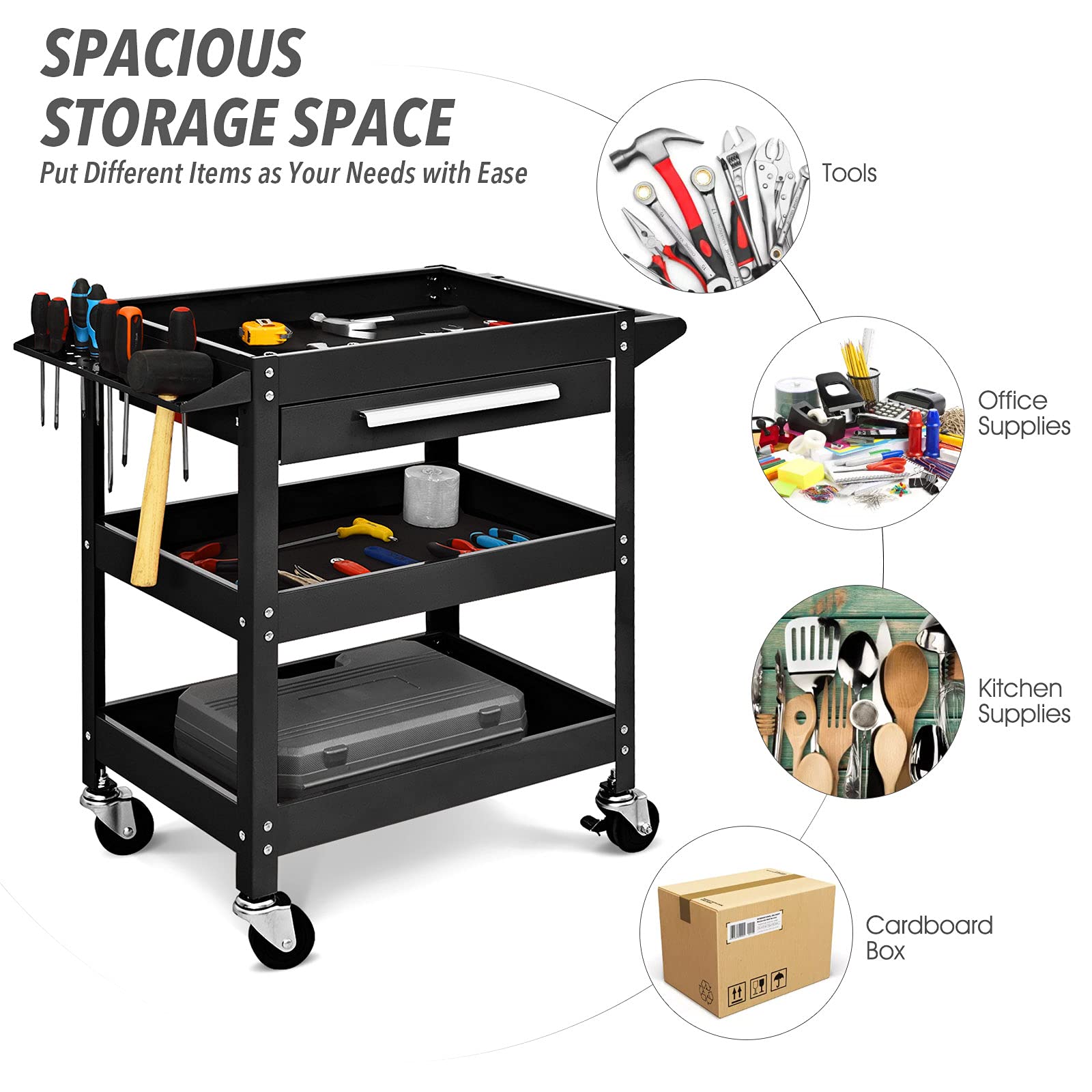 Happytools 3 Tier Tool Cart on Wheels, Heavy Duty Industrial Utility Service Cart with Drawer, Rolling Mechanic Tool Box Organizer for Garage Warehouse Workshop Repair Shop, 330 LBS Capacity (Black)