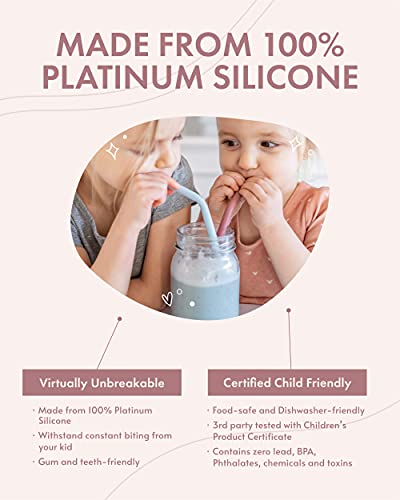 Silicone Straw - Flexible & Reusable Drinking Straws with Cleaning Brush for Toddlers & Kids - With Bendable Tips – Soft, Food-Safe Material, No BPA - Dishwasher Safe - Set of 6 - Oak