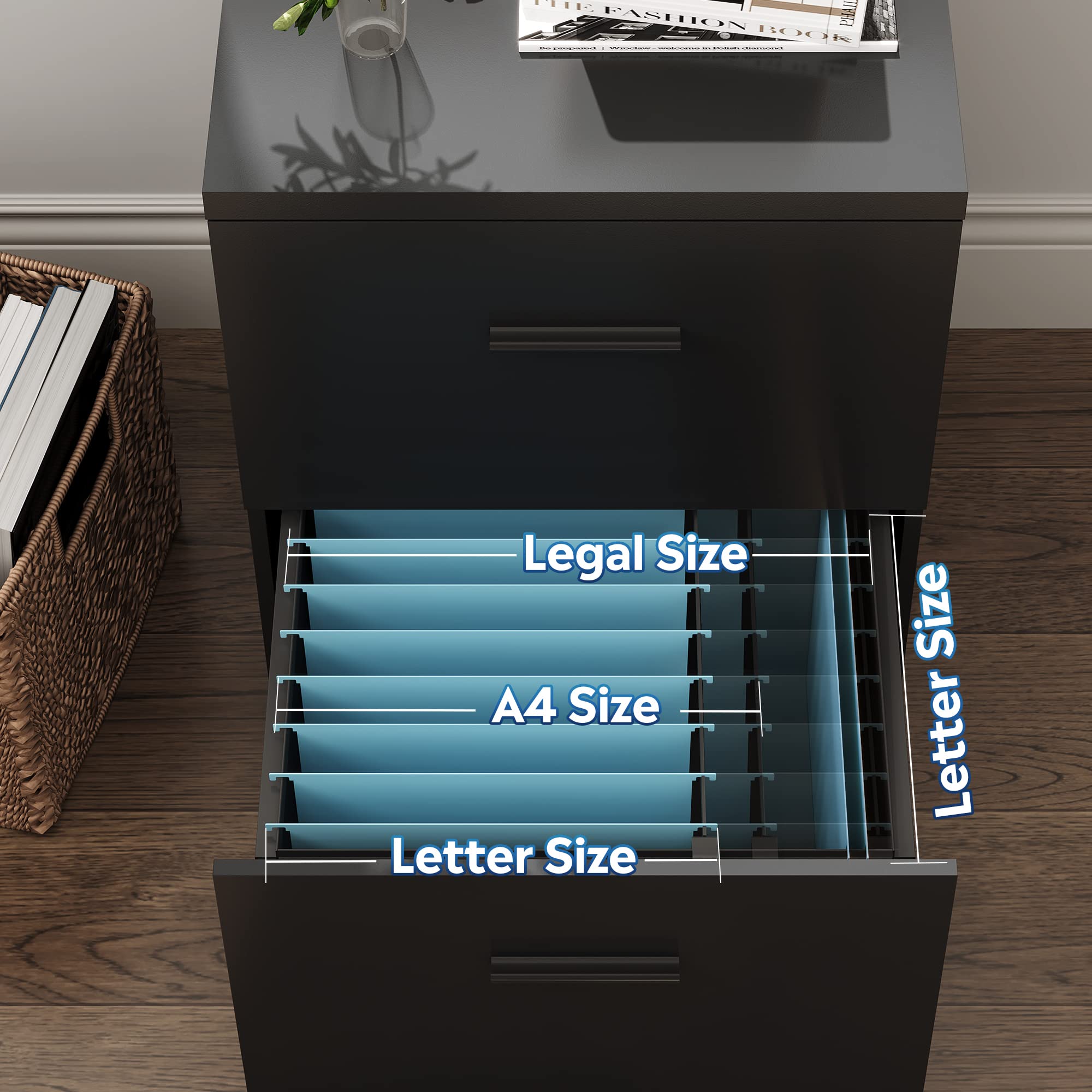 DEVAISE 2 Drawer Wood File Cabinet, Mobile Lateral Filing Cabinet with Storage, Letter Legal Size, Black