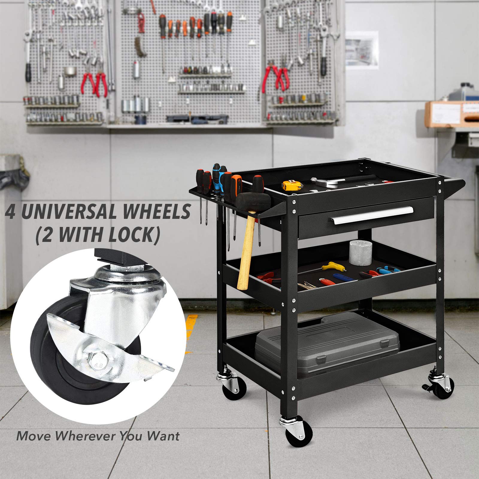 Happytools 3 Tier Tool Cart on Wheels, Heavy Duty Industrial Utility Service Cart with Drawer, Rolling Mechanic Tool Box Organizer for Garage Warehouse Workshop Repair Shop, 330 LBS Capacity (Black)